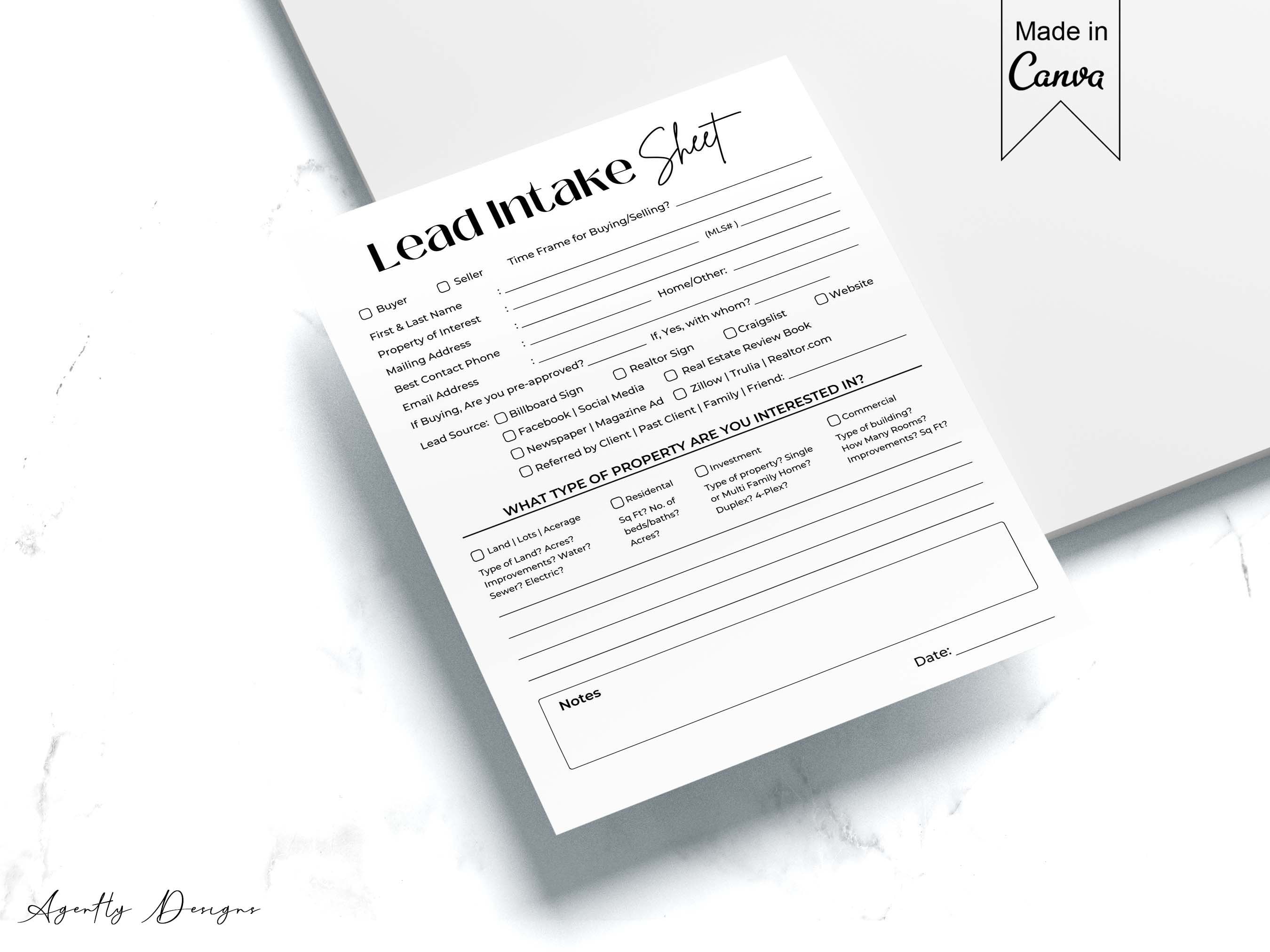 Lead Intake Sheet, Lead Tracking Forms, Real Estate Forms, Real Estate ...