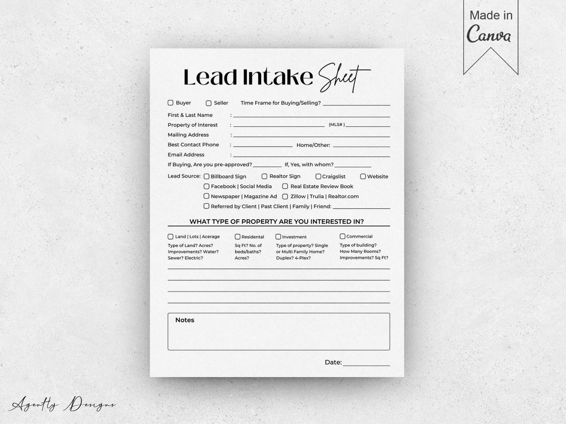Lead Intake Sheet, Lead Tracking Forms, Real Estate Forms, Real Estate Prospecting, Client ...