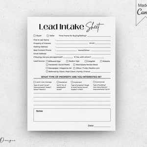 Lead Intake Sheet, Lead Tracking Forms, Real Estate Forms, Real Estate Prospecting, Client ...