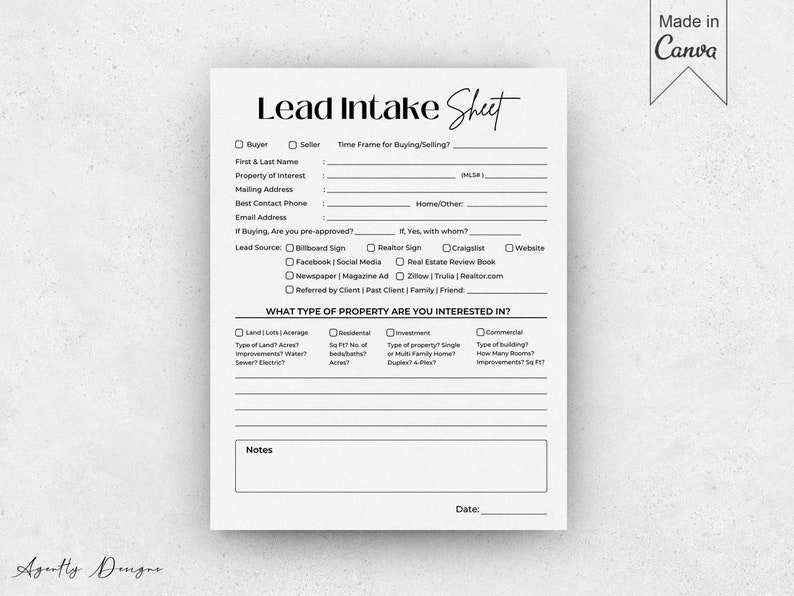 Lead Intake Sheet, Lead Tracking Forms, Real Estate Forms, Real Estate ...