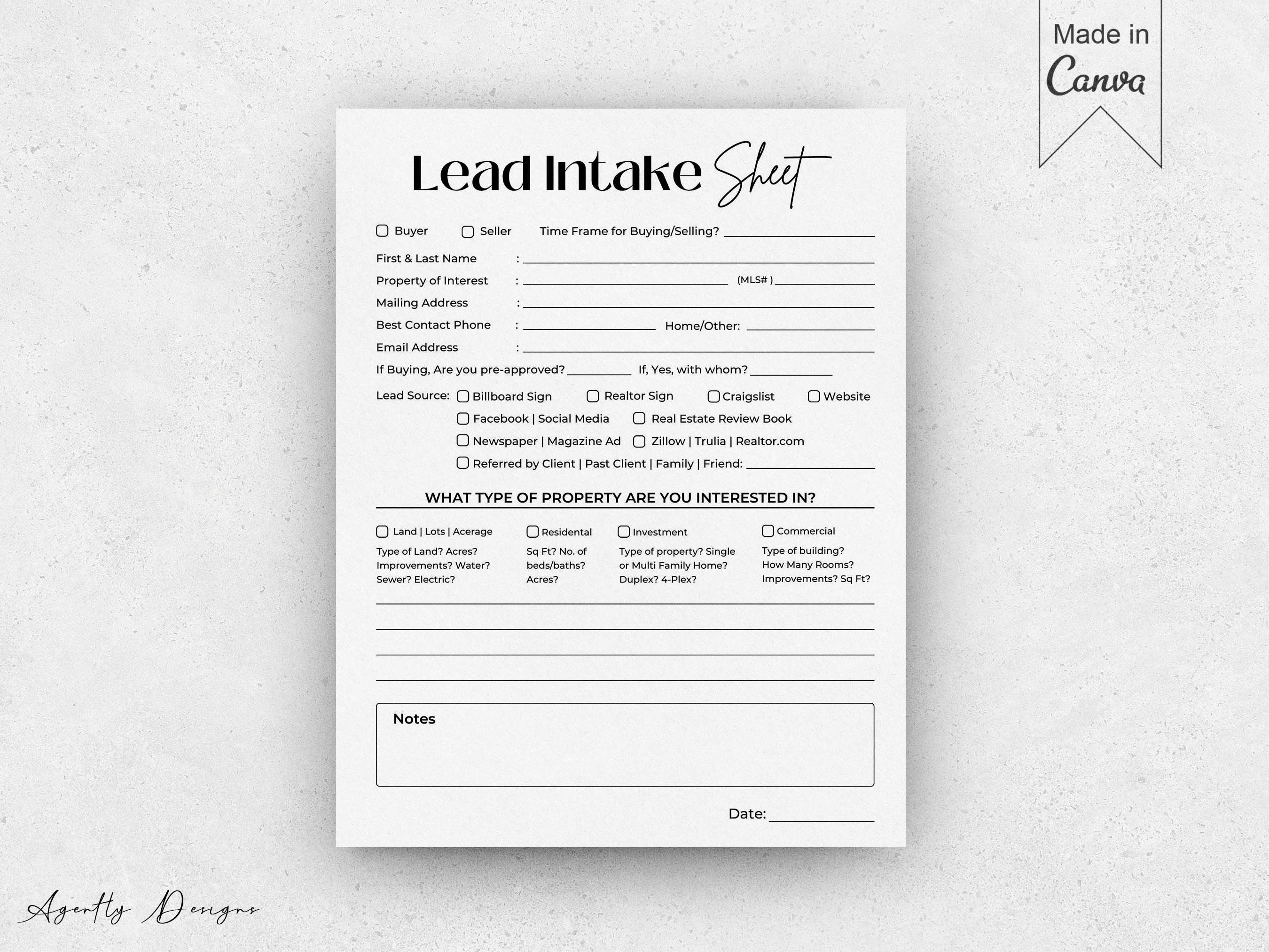 Lead Intake Sheet, Lead Tracking Forms, Real Estate Forms, Real Estate ...