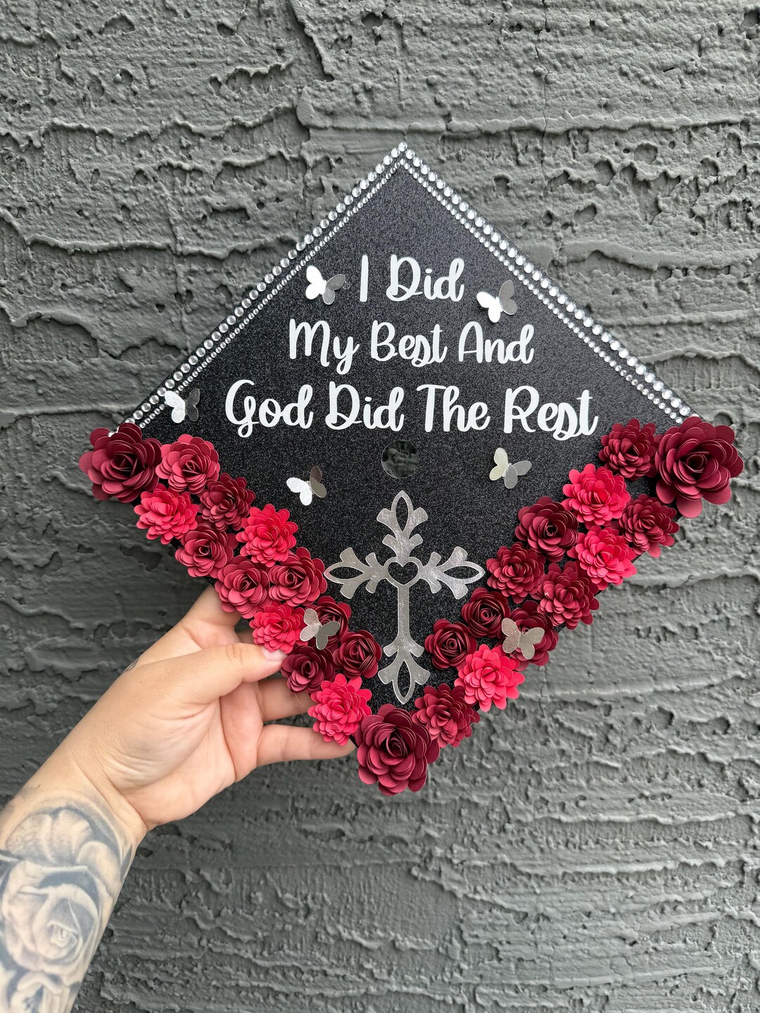 Christian Graduation Cap Topper: Burgundy Flowers, Cross & Butterflies ...