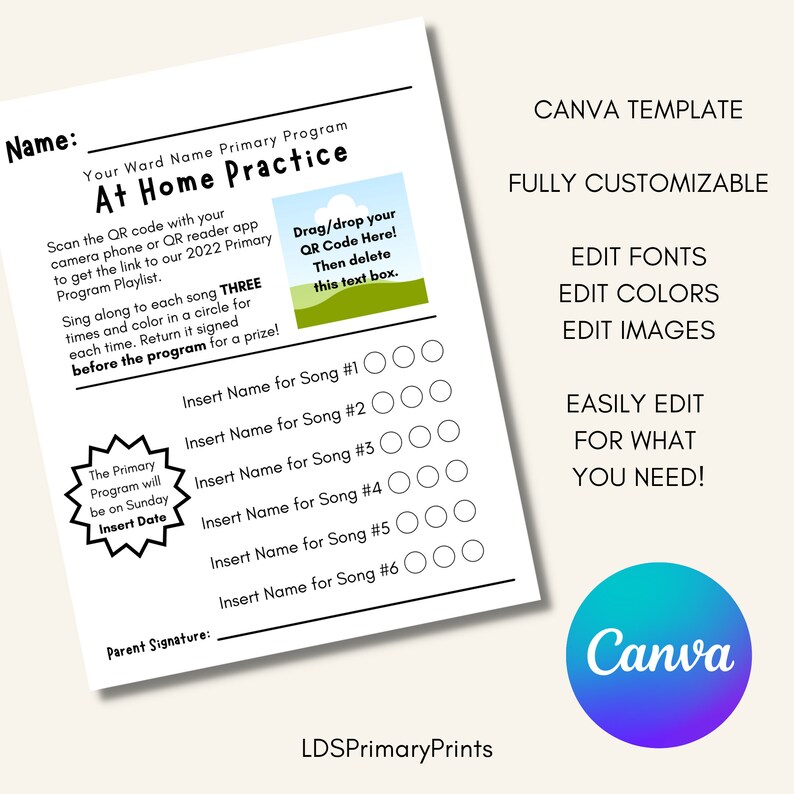 LDS Primary Program Playlist Practice Log (canva Template) - Etsy