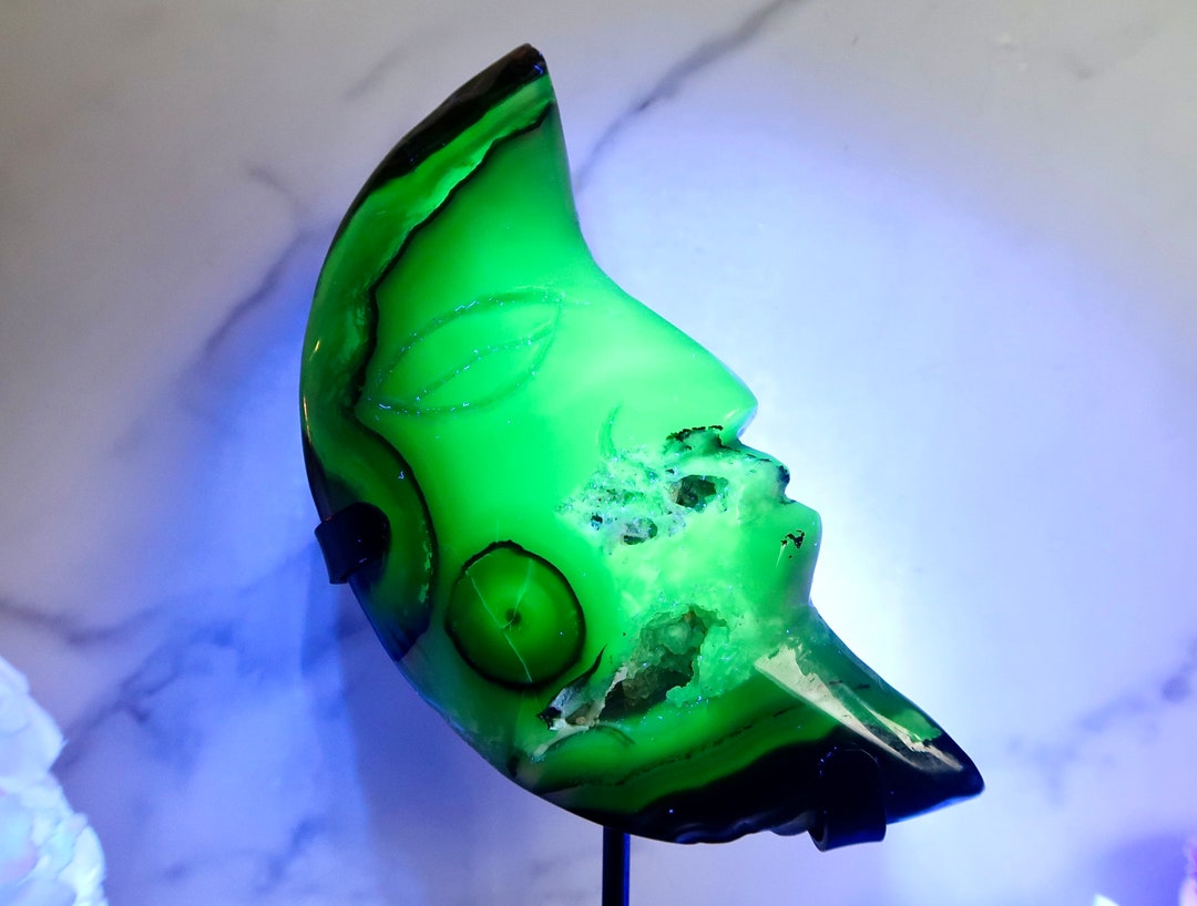 Luminous-large 1lb. Volcano Agate UV Reactive Moon Carving on Stand ...