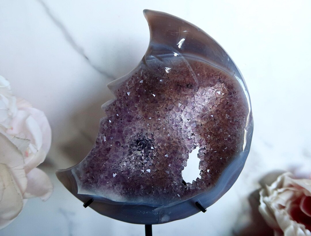 LARGE 4.8" Banded Agate Crystal Moon With Sparkly Druzy Amethyst ...