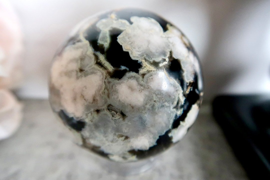 LARGE 60mm Blooming Black Flower Agate Sphere Black Flower Agate Ball ...