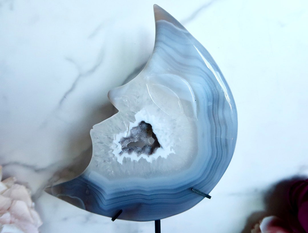 LARGE 7" Milky Blue Banded Agate Druzy Moon on Stand | Agate Crescent ...