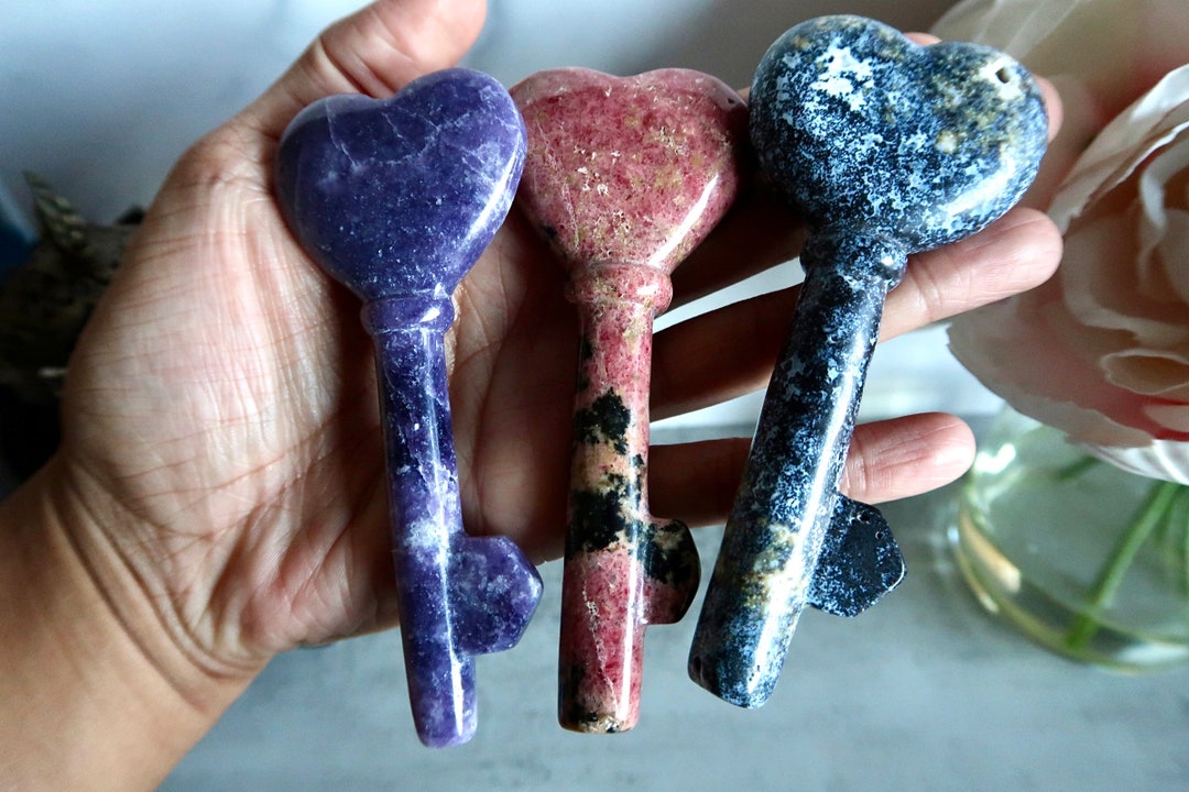 Large Crystal Heart Key | Rhodonite, Lepidolite, Galaxy Agate Crystal ...