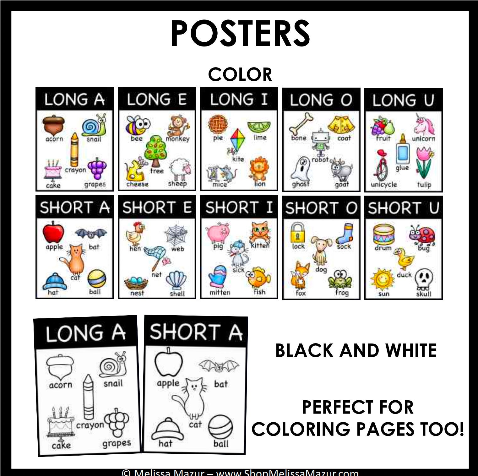 Long Vowels and Short Vowels Posters | Word Sort Cards | Vowel Pictures ...