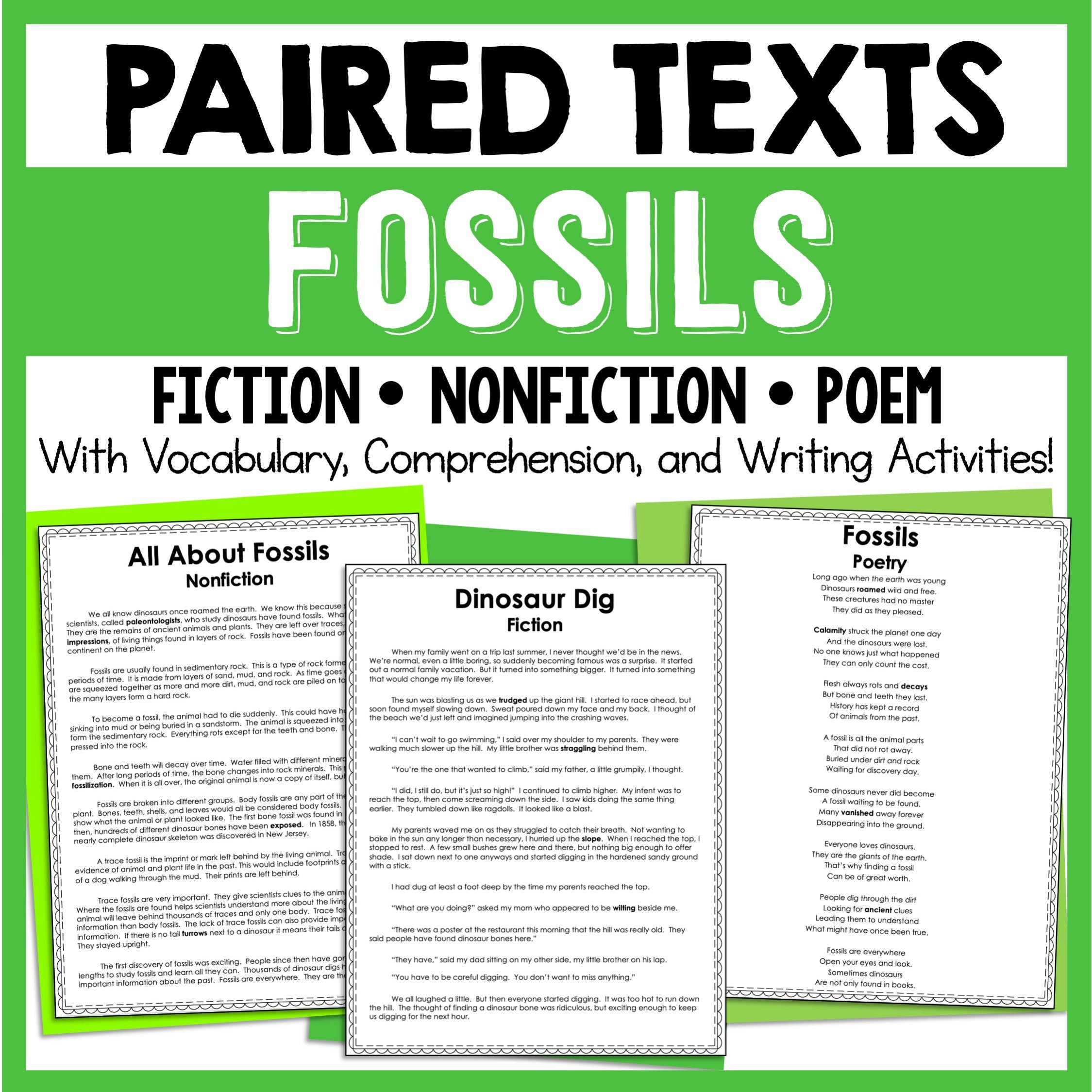 Dinosaur Fossils Reading Comprehension | Paired Texts Passages ...