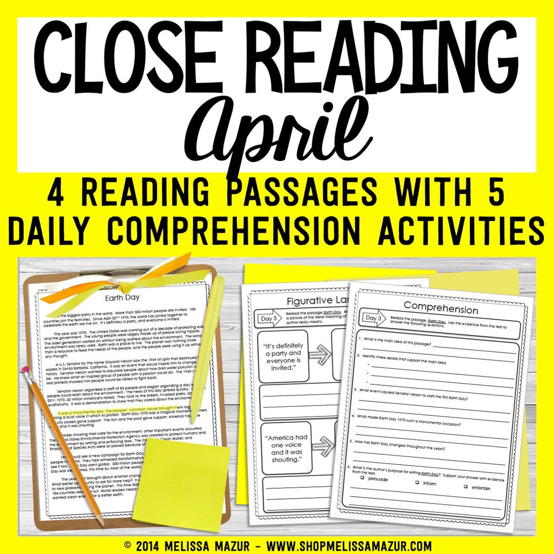 Reading Comprehension Passages | Close Reading | April Reading Passages ...