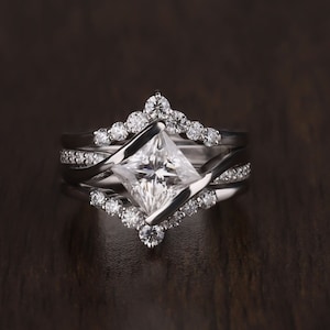 2CT Princess Cut Moissanite Bridal Wedding Engagement Ring Set 14K White Gold Wedding Rings Set ...