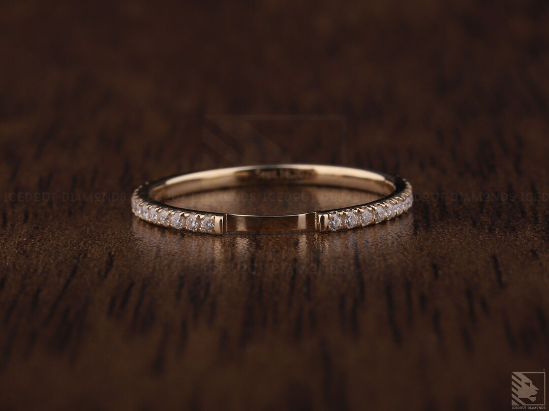 Pave Set Yellow Gold Wedding Band Women Topcut Notched Band Moissanite ...