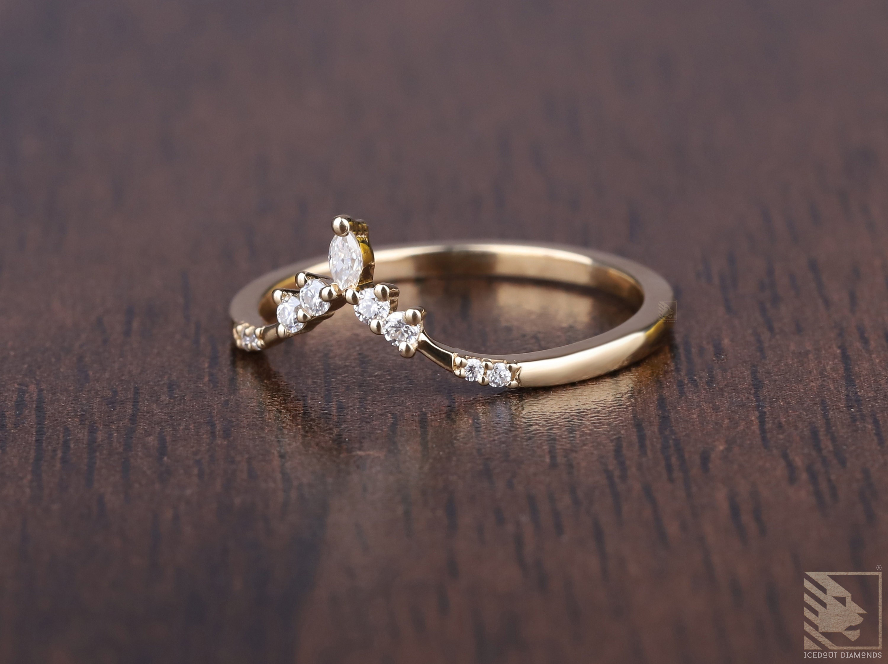 Chevron Wedding Ring Contour Band Curved Wedding Diamond Band 14K Gold ...