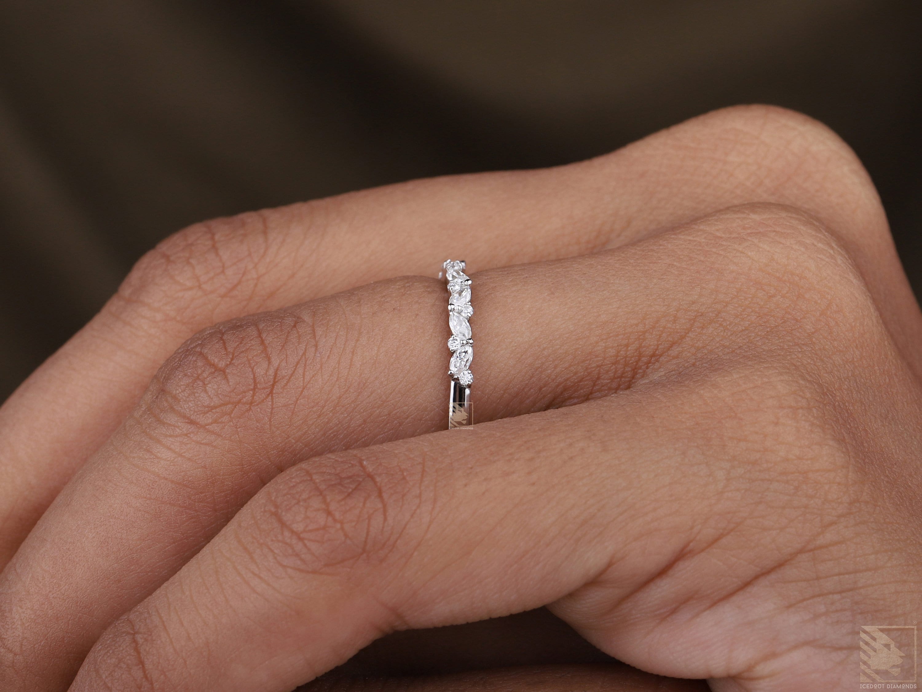 Notched Wedding Band Marquise Moissanite Band Round and - Etsy