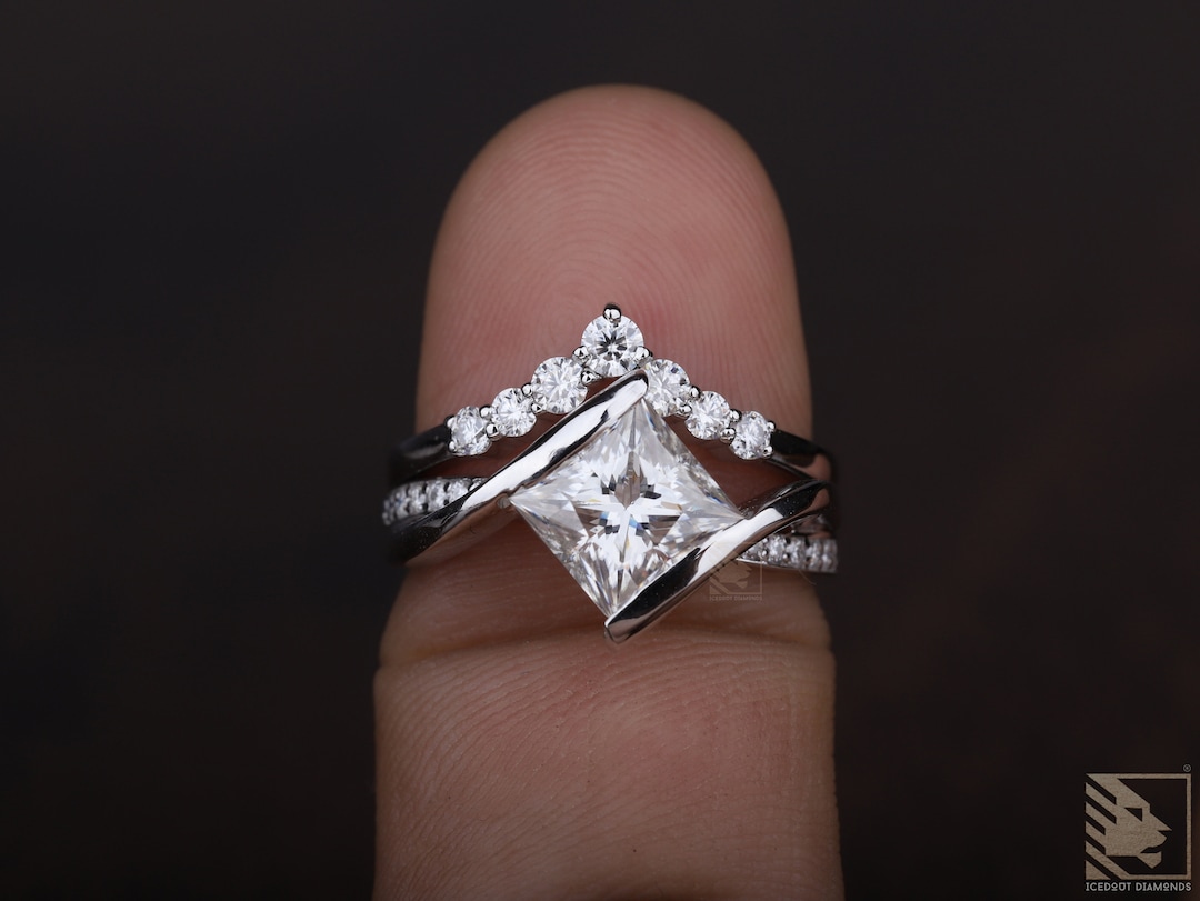 Princess Cut Moissanite Bridal Set, Bypass Shank Princess Bridal Ring ...