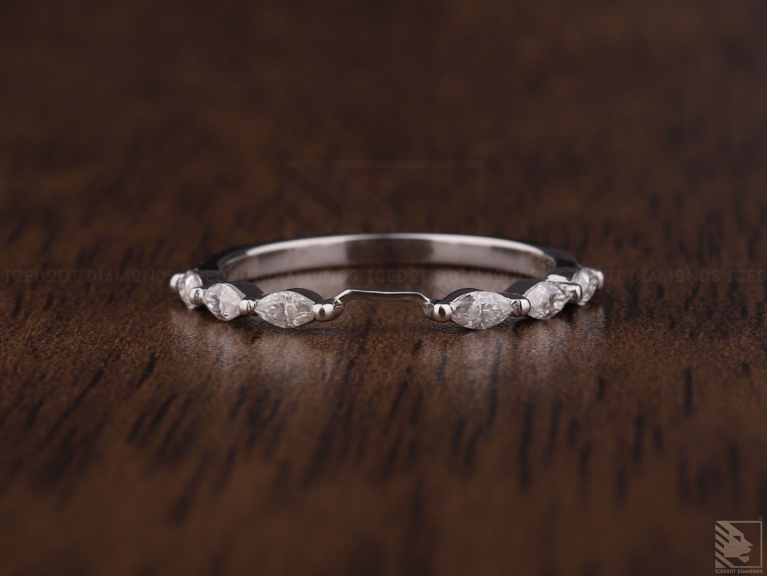 Marquise Cut Bubble Ring Notched Wedding Band, 14K White Gold Band, Half Eternity Bubble Prong ...