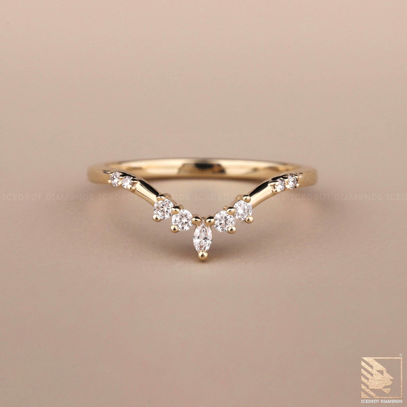 Chevron Wedding Ring Contour Band Curved Wedding Lab Diamond Band 14K ...
