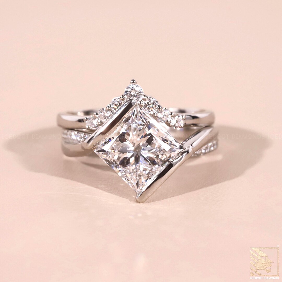 Princess Cut Lab Grown Diamond Bridal Setbypass Shank Princess Bridal ...