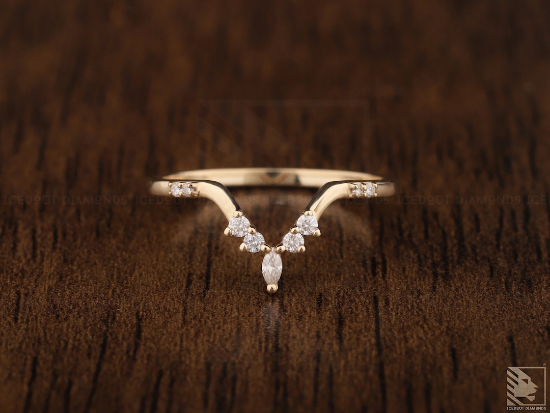 Chevron Wedding Ring Contour Band Curved Wedding Diamond Band 14K Gold ...