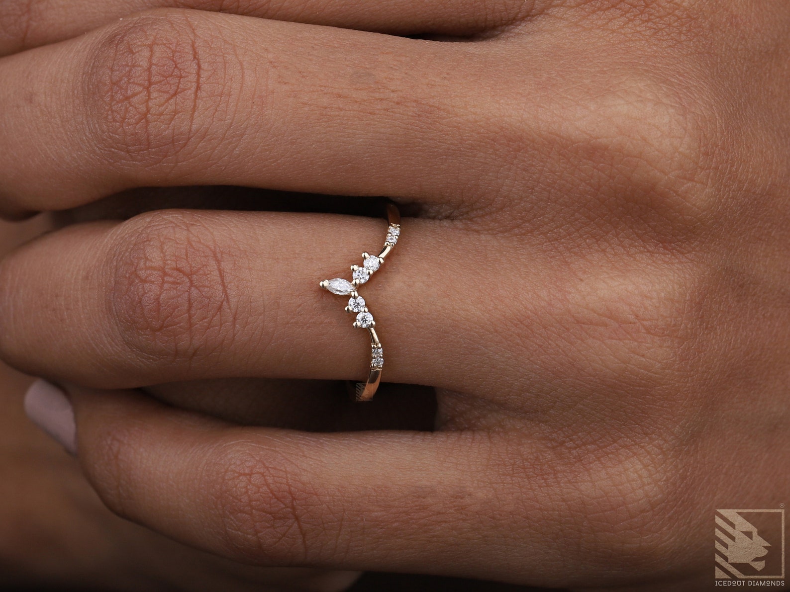 Chevron Wedding Ring Contour Band Curved Wedding Diamond Band 14K Gold ...