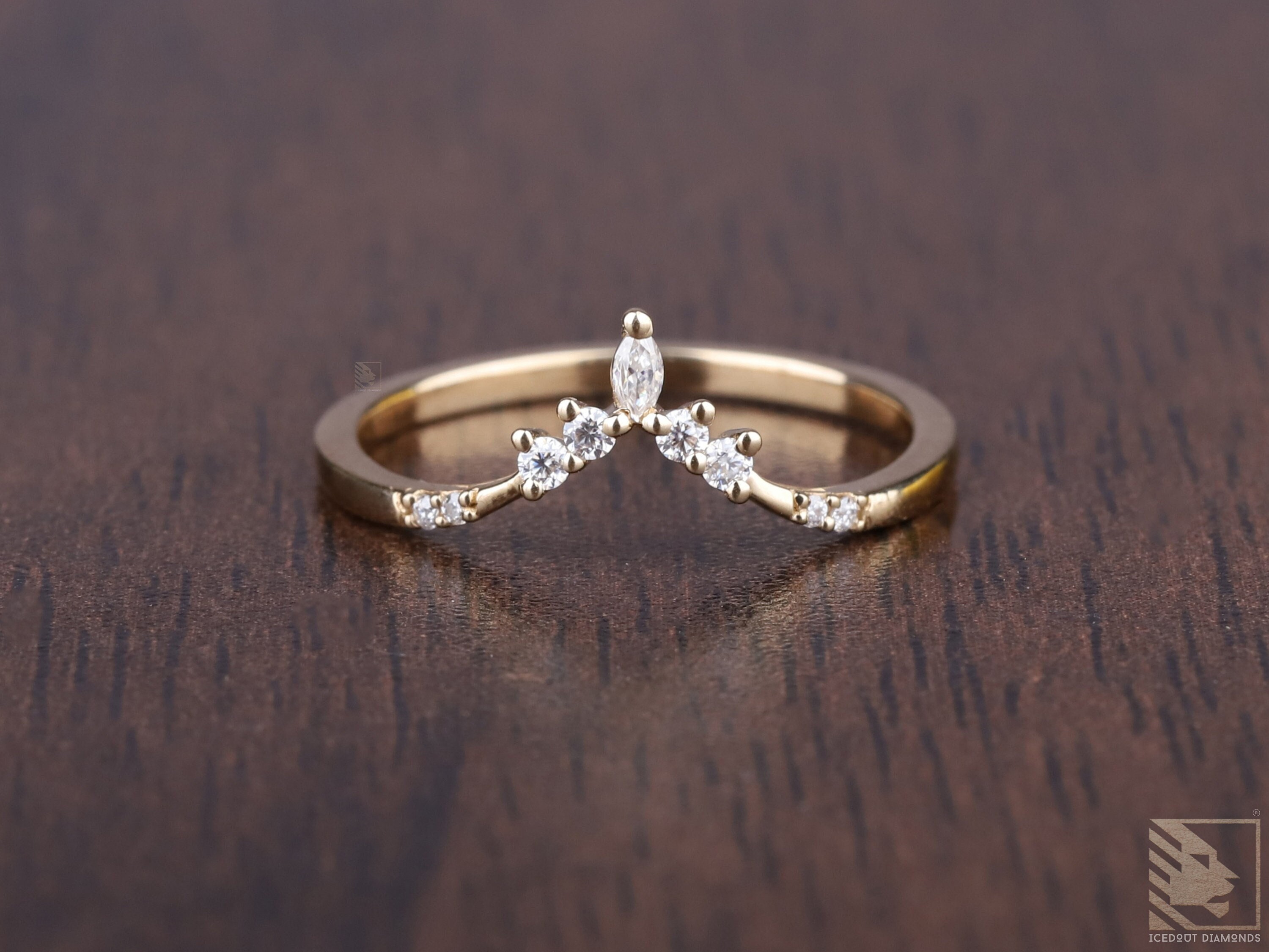 Chevron Wedding Ring Contour Band Curved Wedding Diamond Band 14K Gold ...