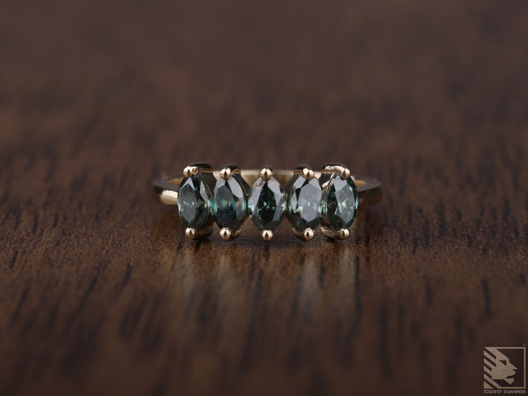 5 Stone Marquise Ring Green Marquise Moissanite Engagement - Etsy