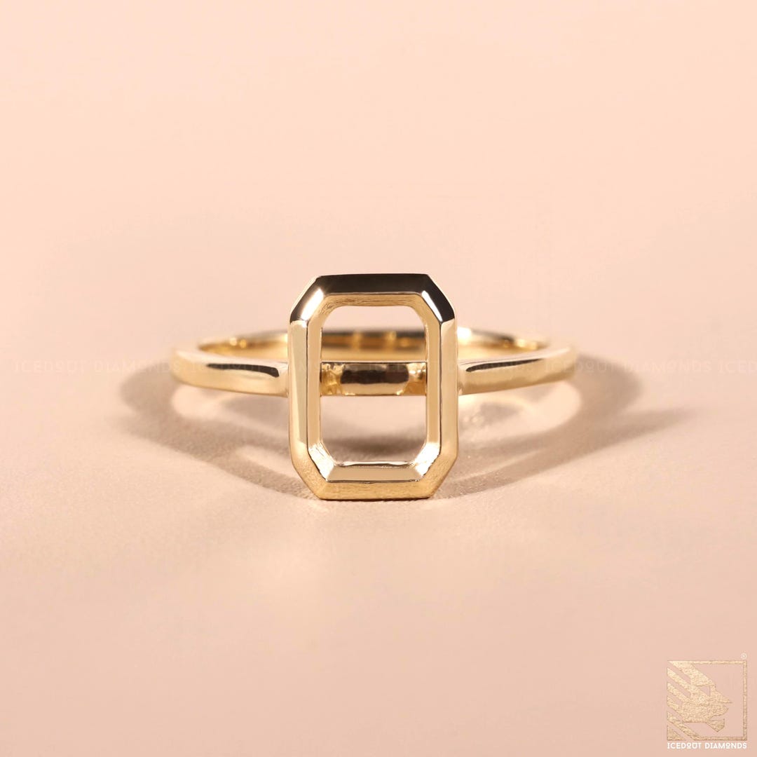14K Yellow Gold Semi Mount Ring Custom Emerald Cut Bezel Set Semi Mount ...