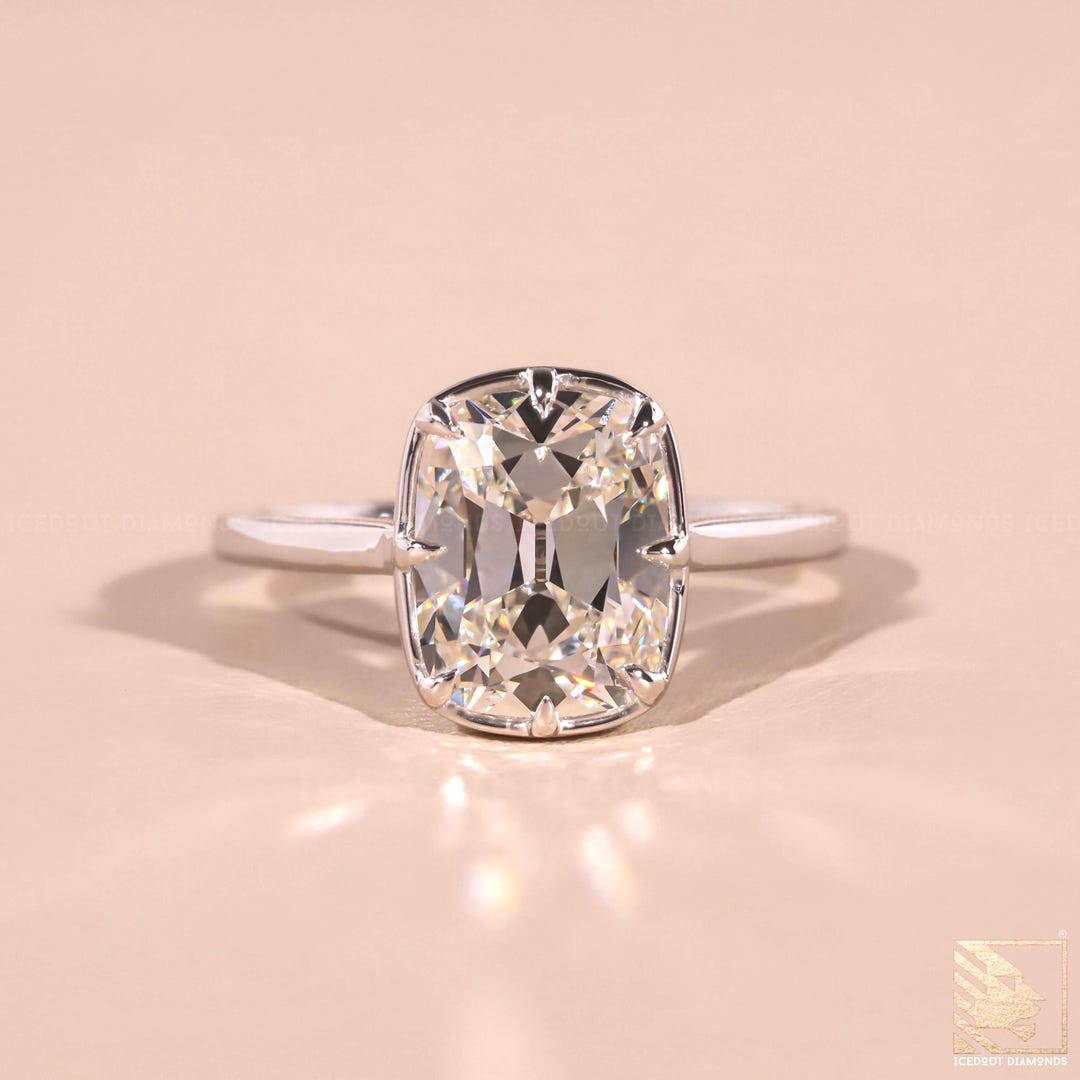 3 CT Old Mine Elongated Cushion Cut Lab Grown Diamond Ring 14K Gold ...