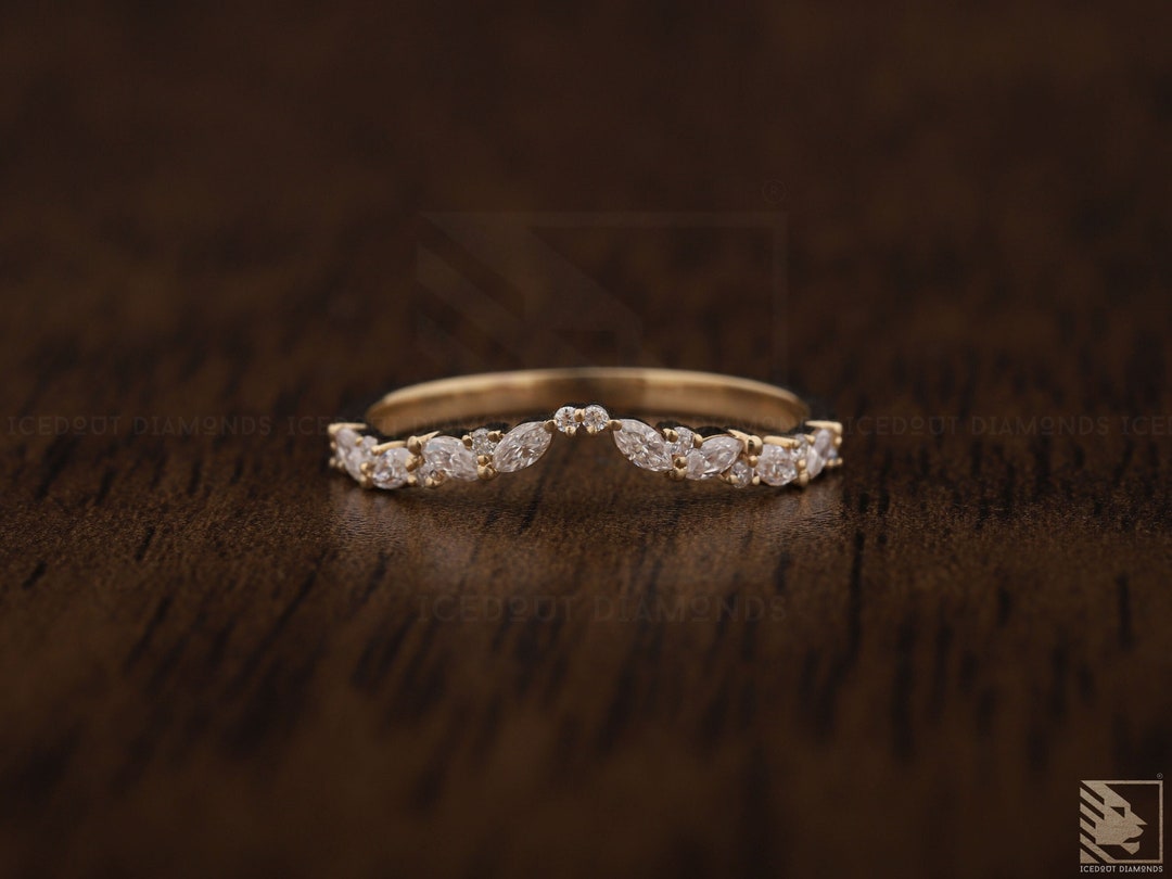 Marquise and Round Moissanite Notched Wedding Band Matching Stackable ...