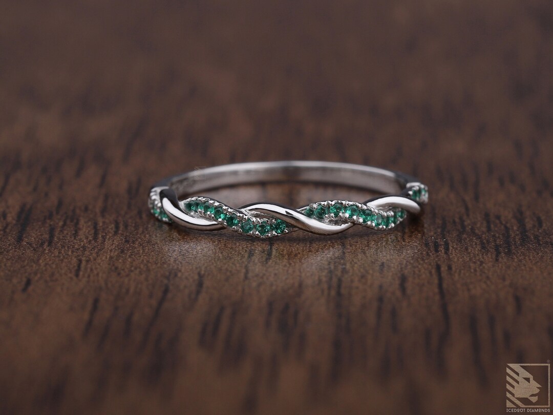 Emerald Gemstone Twisted Wedding Band White Gold Matching Stacking Ring ...