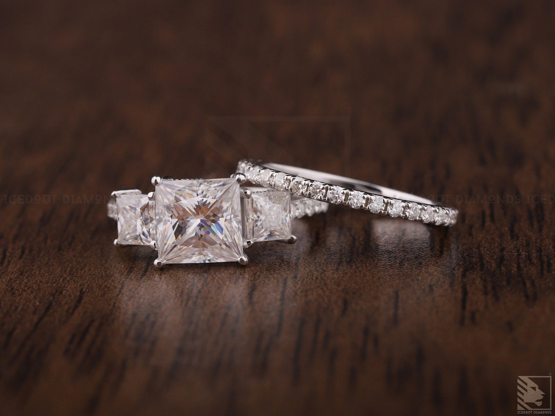 Three Stone Princess Cut Engagement Ring Bridal Ring Set Band Princess ...