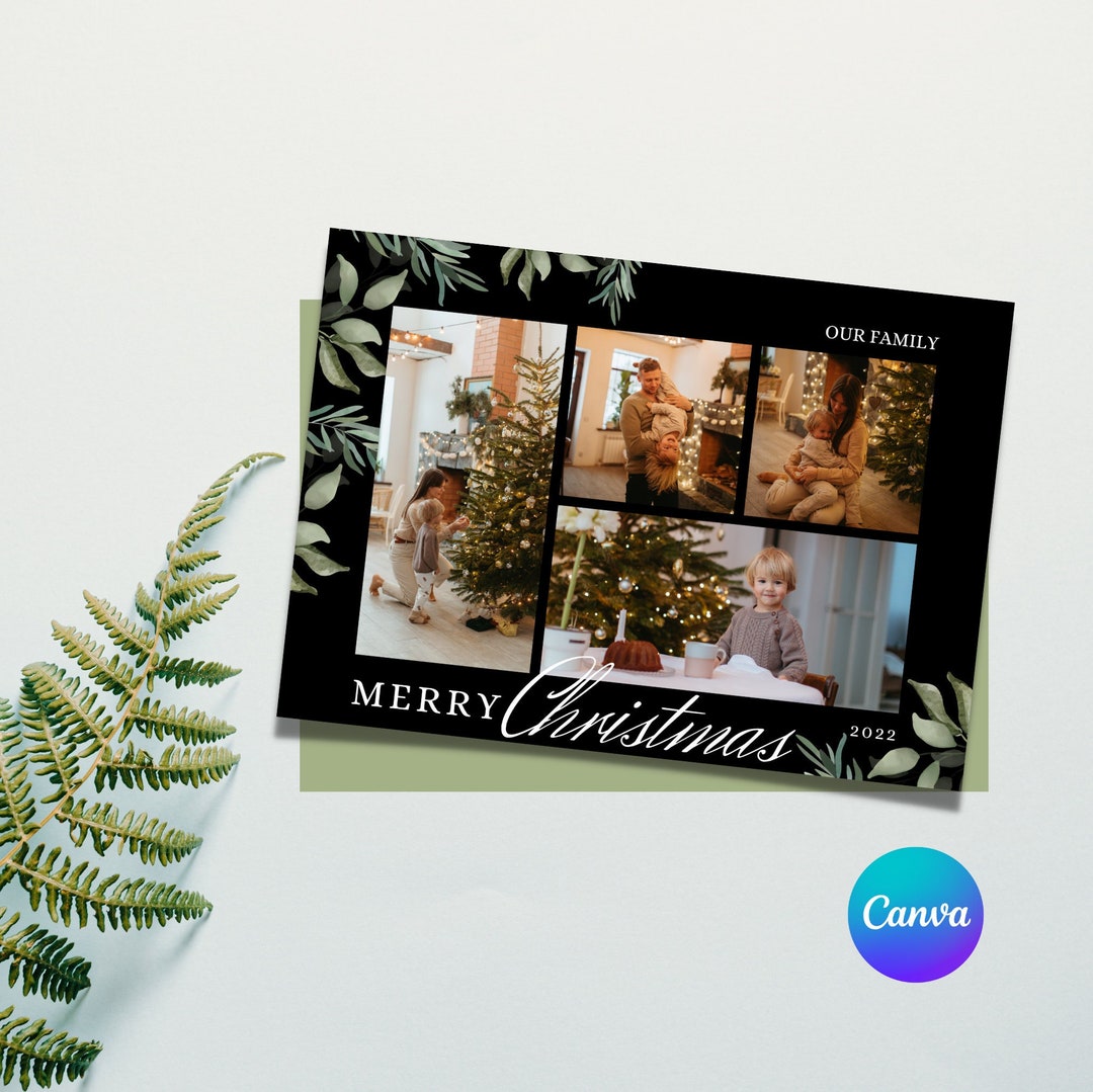 Greenery Photo Collage Christmas Card, Printable Canva Template ...