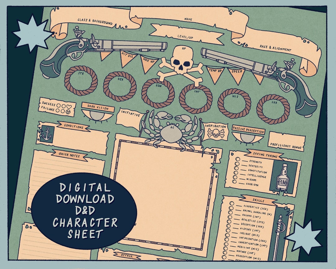 Pirate Life Printable Dnd Character Sheet PDF for Dungeons and Dragons ...