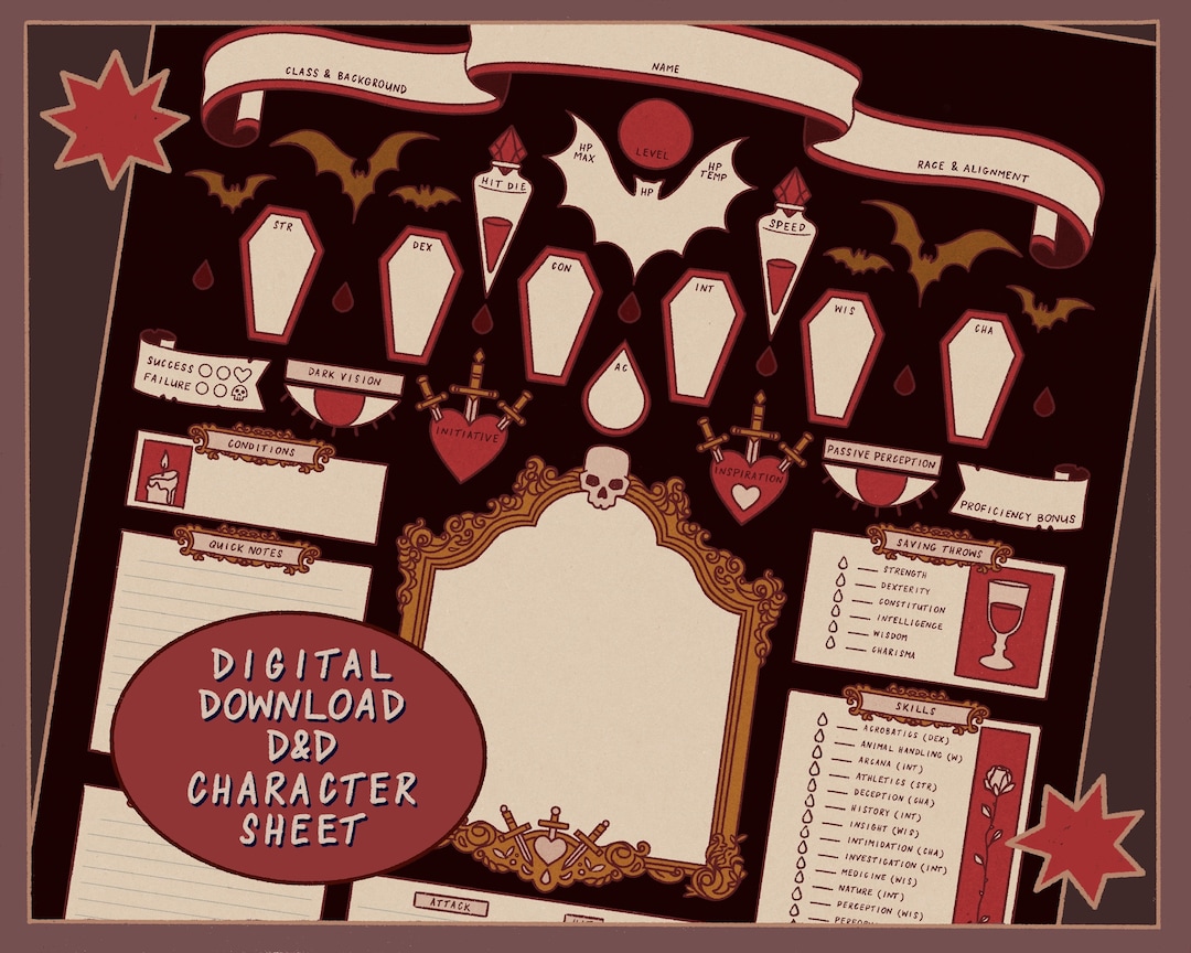 Gothic Vampire Printable Dnd Character Sheet PDF for Dungeons and ...