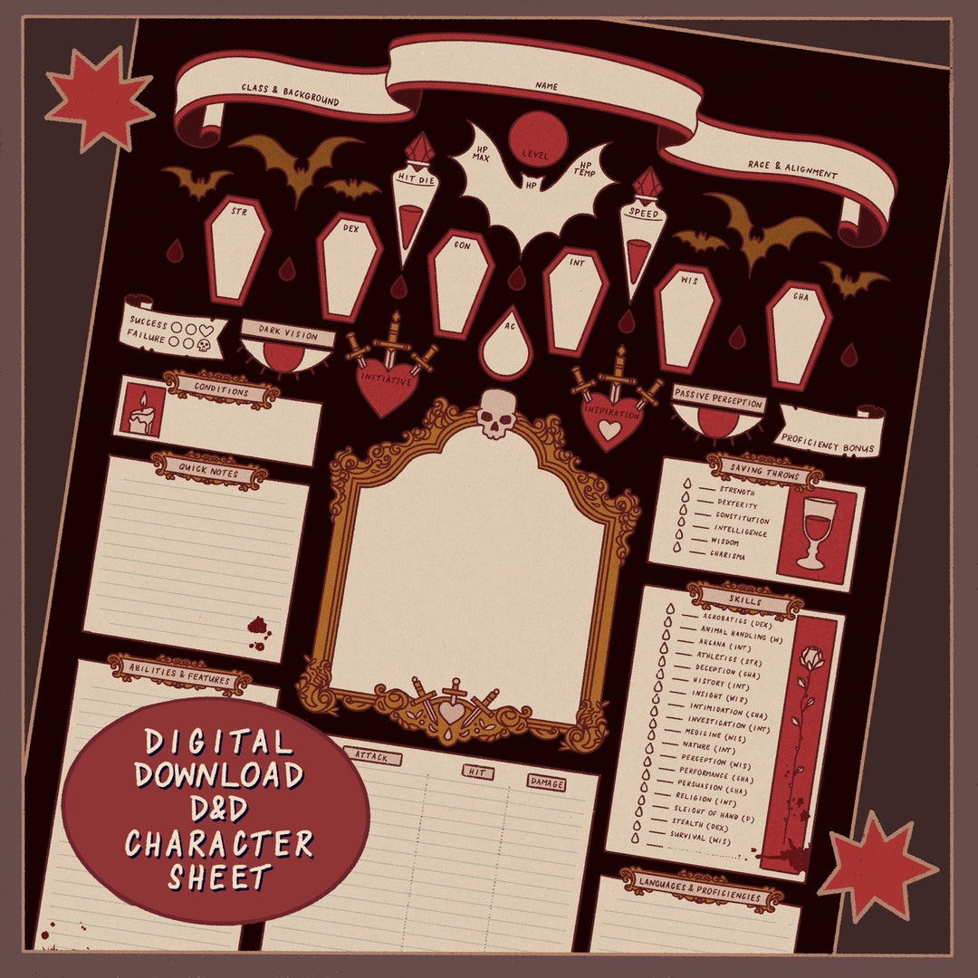 Gothic Vampire | Printable Dnd Character Sheet PDF for Dungeons and ...