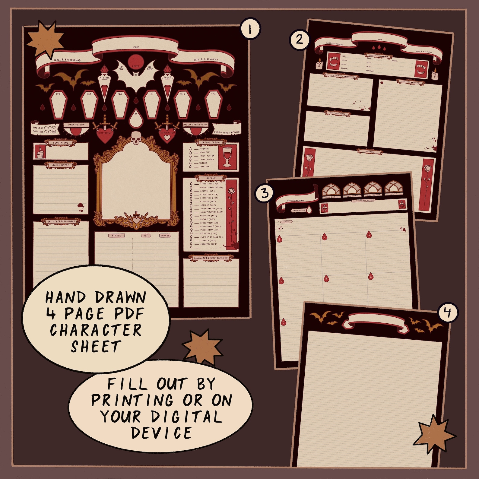 Gothic Vampire | Printable Dnd Character Sheet PDF for Dungeons and ...