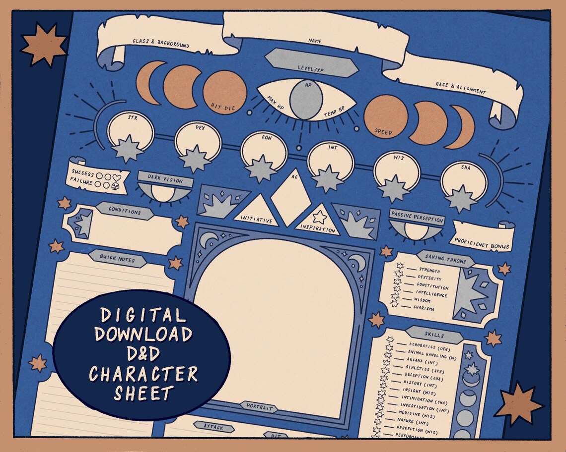 Mystic Skies Printable Dnd Character Sheet PDF for Dungeons - Etsy