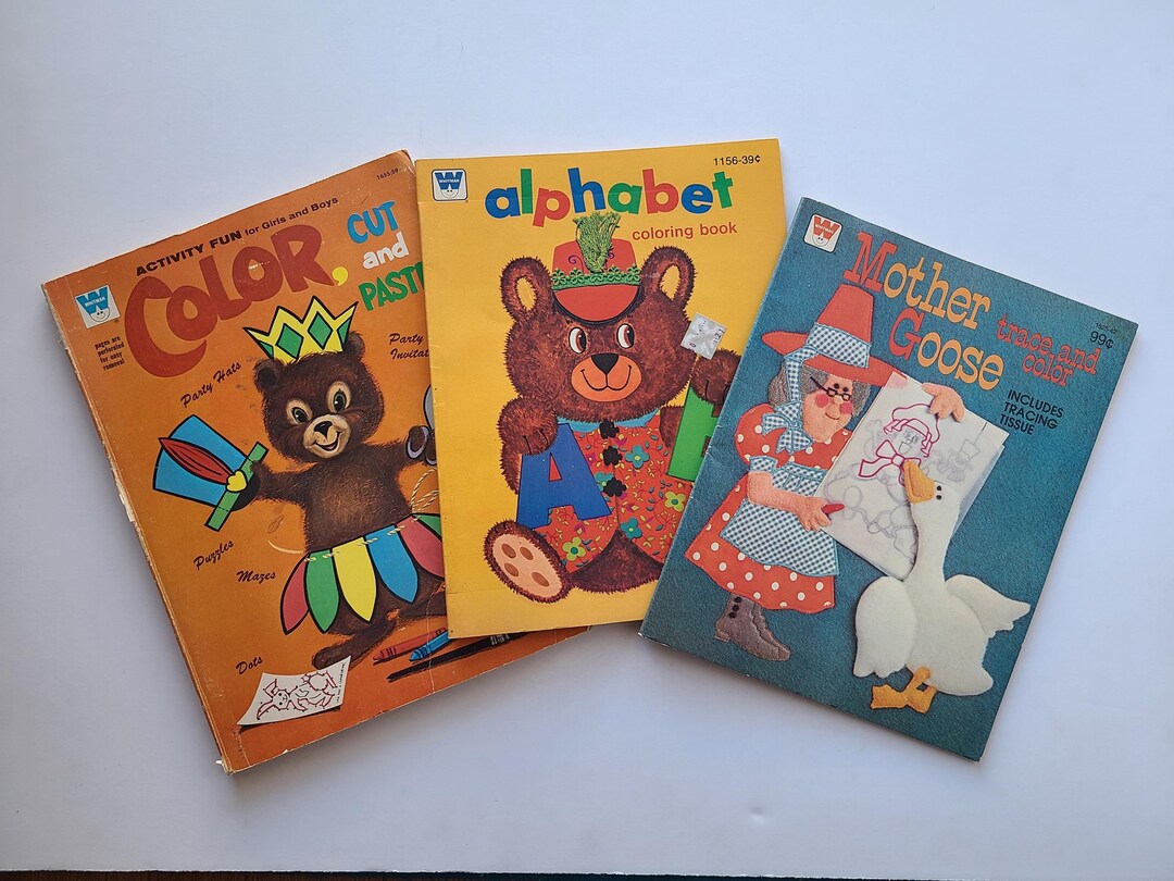 3 Vintage Coloring Books / Color Cut and Paste / Alphabet Coloring Book ...