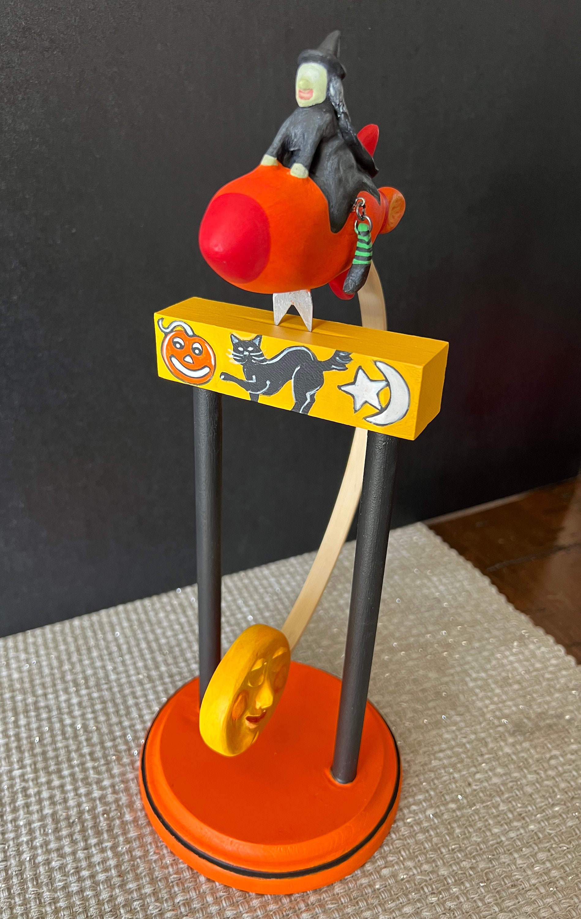 Handmade Halloween Paper Clay Wood Rocket Witch Pendulum Swinging ...