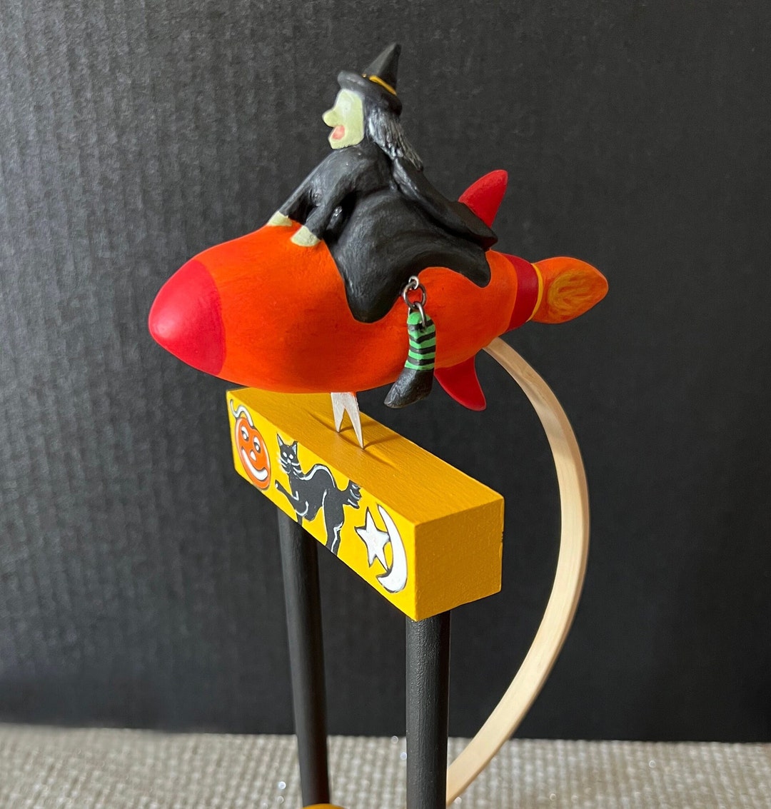 Handmade Halloween Paper Clay Wood Rocket Witch Pendulum Swinging ...
