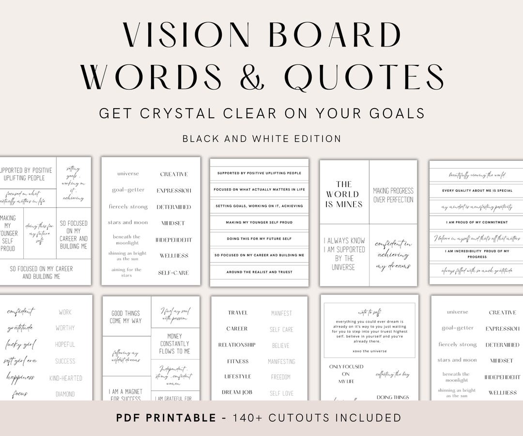 Black & White Vision Board Words, 2026 Printable Vision Board Kit ...