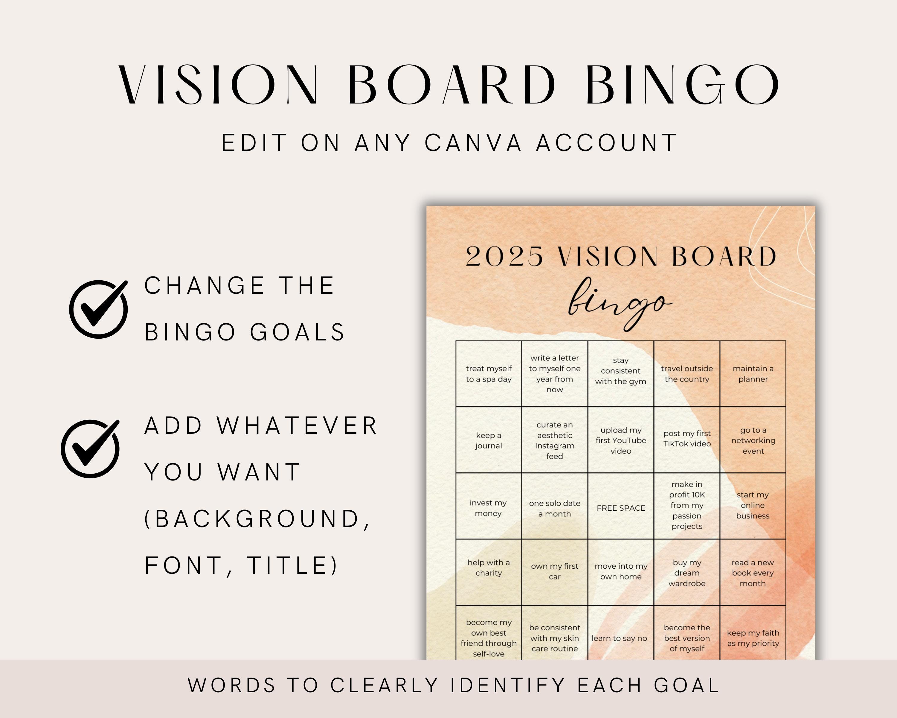 2025 Vision Board Bingo, Printable Vision Board, Digital Vision Board ...