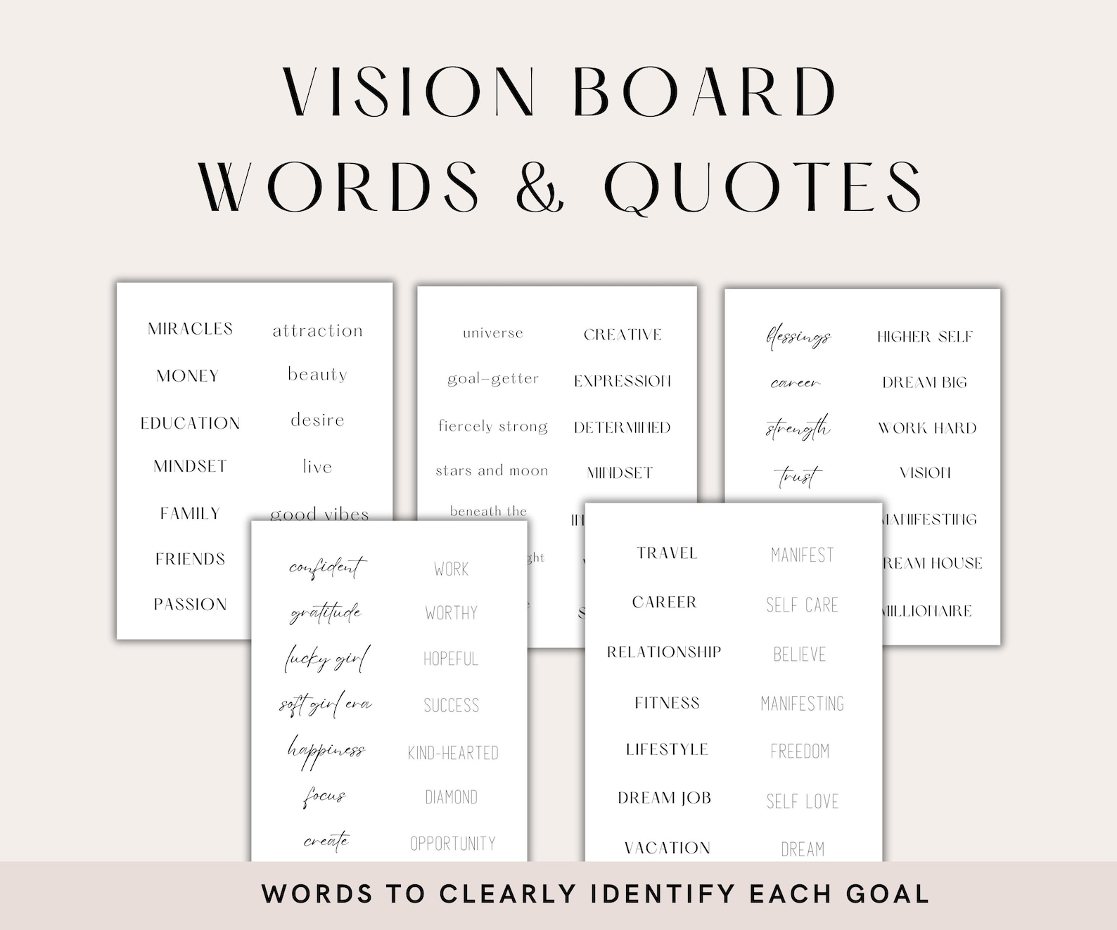 Black & White Vision Board Words, 2026 Printable Vision Board Kit ...