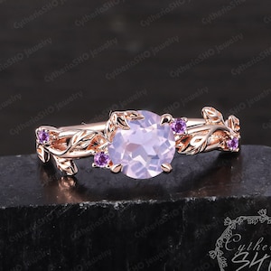 Natural Lavender Amethyst Engagement Ring Solid Rose Gold Leaf Promise ...