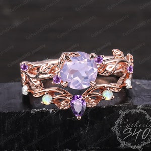 Natural Lavender Amethyst Engagement Ring Solid Rose Gold Leaf Promise ...