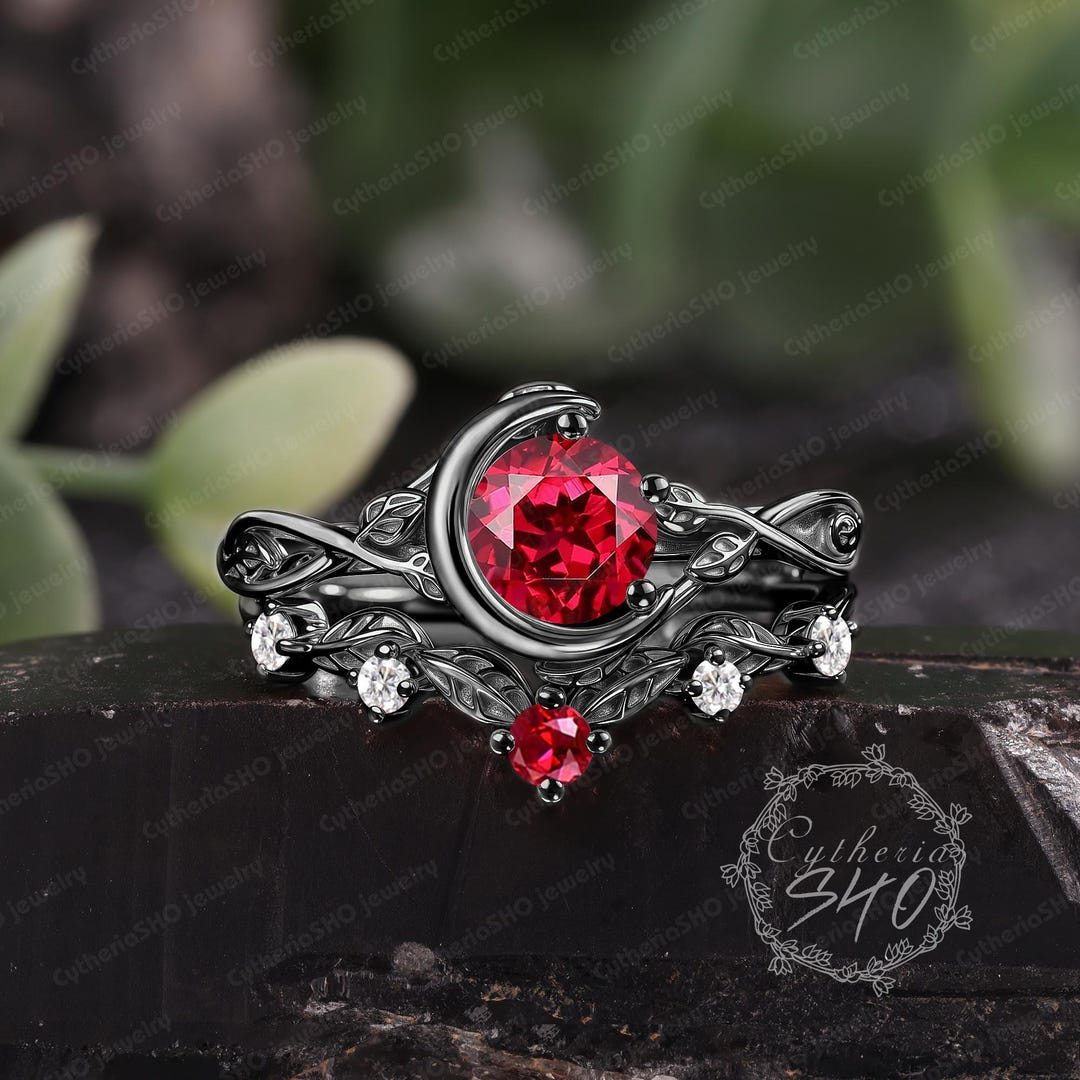 Gothic Red Ruby Engagement Ring Set Art Deco Black Gold Leaf Moon ...