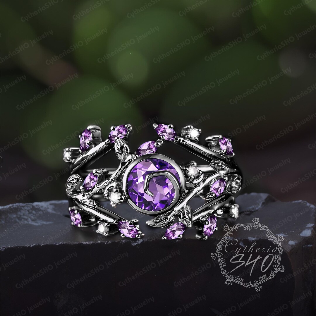 Gothic Amethyst Engagement Ring Set Art Deco Black Gold Bezel Promise ...