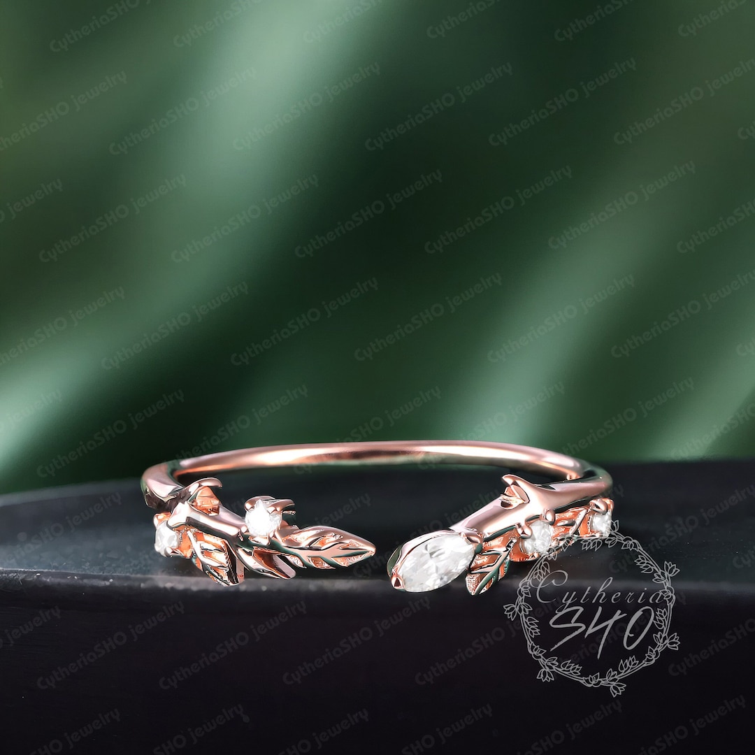 Vintage Diamond Curved Wedding Band Nature Inspired Marquise Moissanite ...