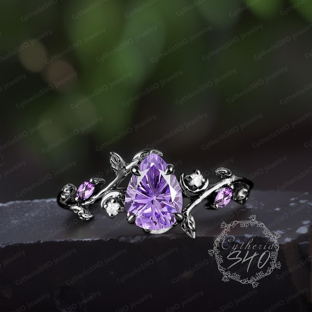 Firework Cut Pear Amethyst Engagement Ring Nature Inspired Leaf Promise ...